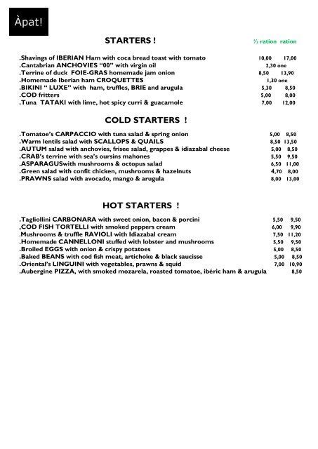 Starters Cold Starters Hot Starters