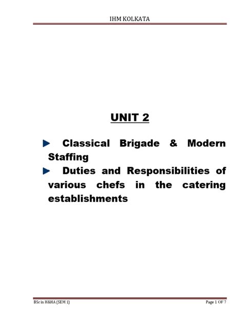 1332 Unit 2 Classical Brigade Pdf Chef Food And Drink Preparation