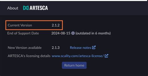 check your artesca version using the ui — artesca 4 0 2 documentation