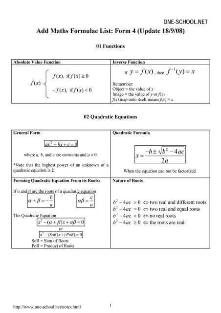 Spm Add Maths Formula List Form4 Pdf