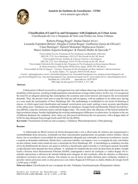 Pdf Classification Of Land Use And Occupancy With Emphasis On Urban Areas