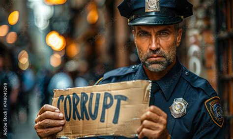 Stern Faced Police Officer In Uniform Symbolically Holding A Sign