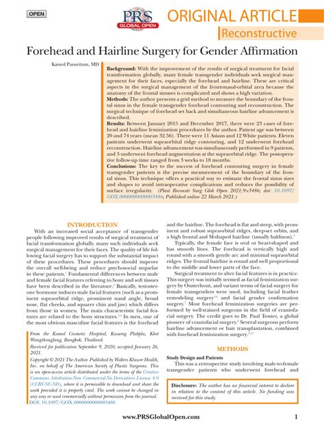 Pdf Forehead And Hairline Surgery For Gender Affirmation