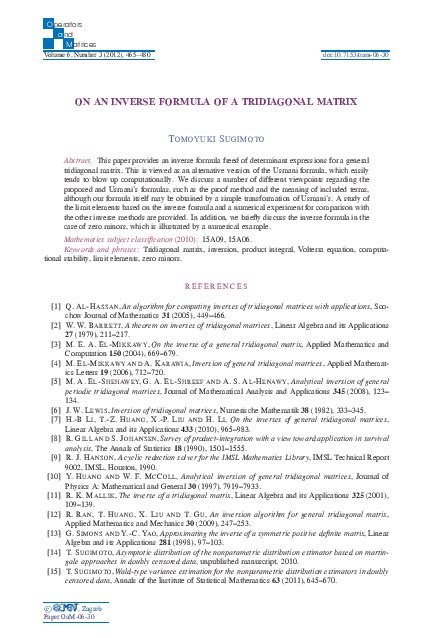 Pdf On An Inverse Formula Of A Tridiagonal Matrix Tomoyuki Sugimoto