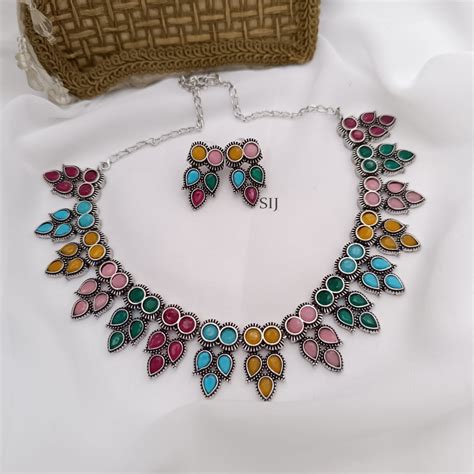 Pretty Multi Color Tri Bud Necklace South India Jewels