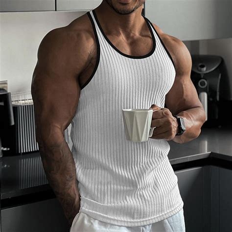 Mens Tank Top Rib Knit Top Wife Beater Shirt Sleeveless Crew Neck