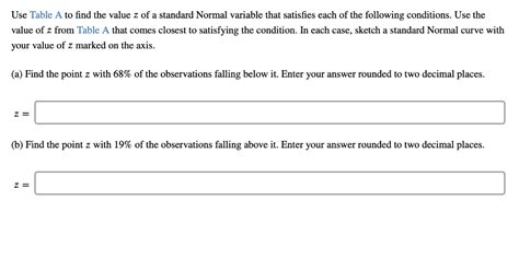 Solved Use Table A To Find The Value Z Of A Standard Normal Chegg