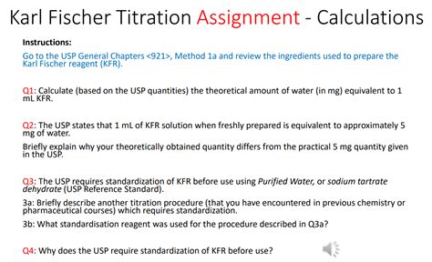 Karl Fischer Titration Assignment Calculation