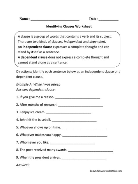 Identifying Clauses Worksheet Pdf