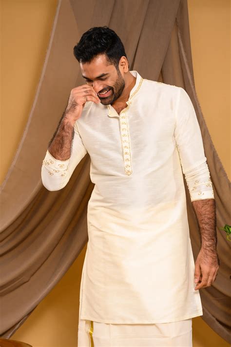 Ivory Silk Kurta With Light Hand Embroidery Detailing On Placket Slee