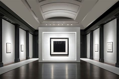Art Gallery Interior With Black And White Artwork And Dark Wood Floor