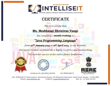 Thrilled To Announce The Completion Of My Java Course At Intellise It Institute Under The Expert