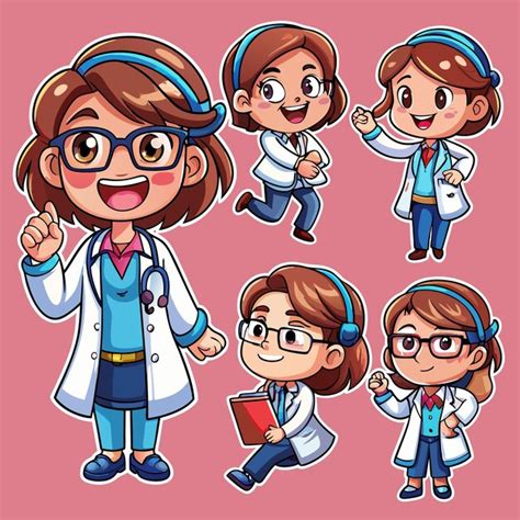 Cute Cartoon Doctor Girl Character Set Premium Ai Generated Vector