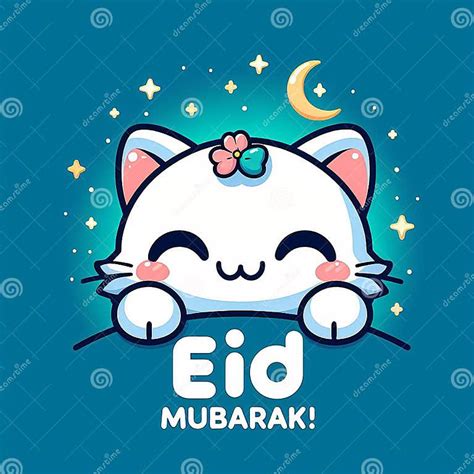 Cute Cat Emoji With Eid Mubarak Caption In Blue Background Stock Illustration Illustration Of