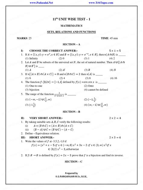 11th Maths Unit Test 1 Question Paper English Medium Pdf