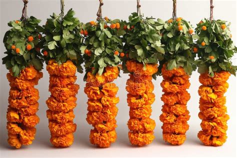 A Bunch Of Orange Flowers Hanging From A String Stock Image Image Of