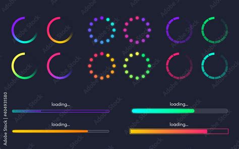 Loading Bar Set On Dark Backdrop Waiting Symbol Visualization Gradient Progress Lines And