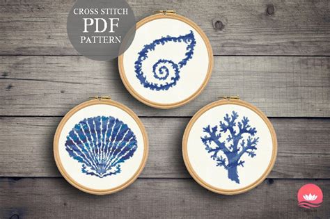 3 Seashell Cross Stitch Pattern Coral Sea Cross Stitch Pdf Modern Counted Stitch Watercolor