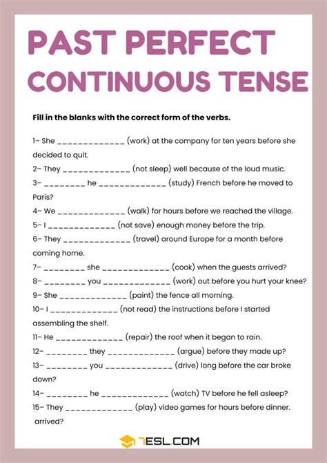 Past Perfect Continuous Tense Exercises And Printable Worksheets • 7esl