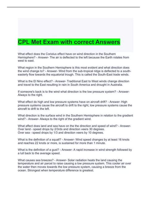 Cpl Met Exam With Correct Answers 100 Meteorology Caap Cpl Stuvia Us