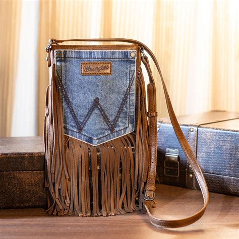 Wrangler Leather Fringe Jean Denim Pocket Crossbody Hot Pink