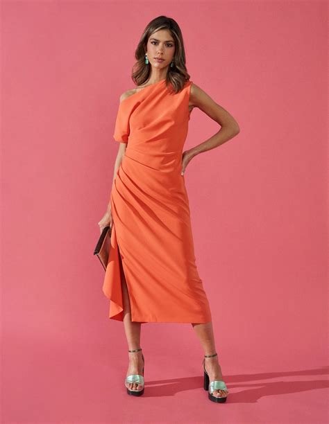 Midi Party Dress With Asymmetric Ruffled Neckline Invitadisima
