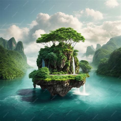 Premium Ai Image Floating Forest Island Isolated With Clouds Fantasy