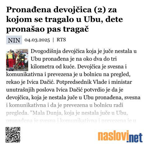 Pronađena Devojčica 2 Za Kojom Se Tragalo U Ubu Dete Pronašao Pas Tragač