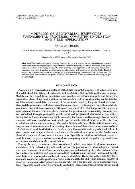 Pdf Modeling Of Geothermal Reservoirs Fundamental Processes Computer Simulation And Field