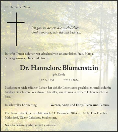 Obituary Dr Hannelore Blumenstein Berlin