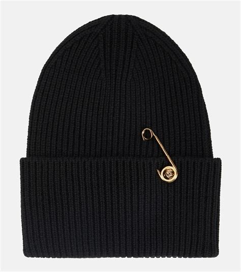 Versace Safety Pin Ribbed Knit Wool Beanie Versace