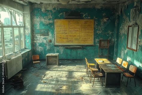 Dilapidated Classroom In A Povertystricken Area With Crumbling Walls And Broken Furniture Harsh