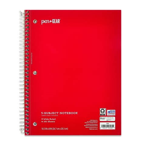 Pen Gear Wide Rule 5 Subject Notebook 8” X 10 5” Red 180 Sheets New