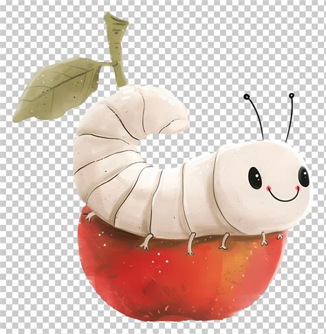 Apple With Worm Cute Worm On Red Apple Cartoon Illustration Png