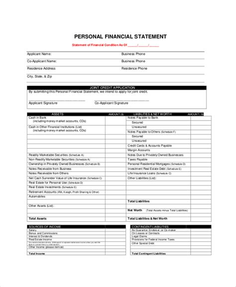 Free 9 Sample Personal Financial Statement Templates In Pdf Ms Word