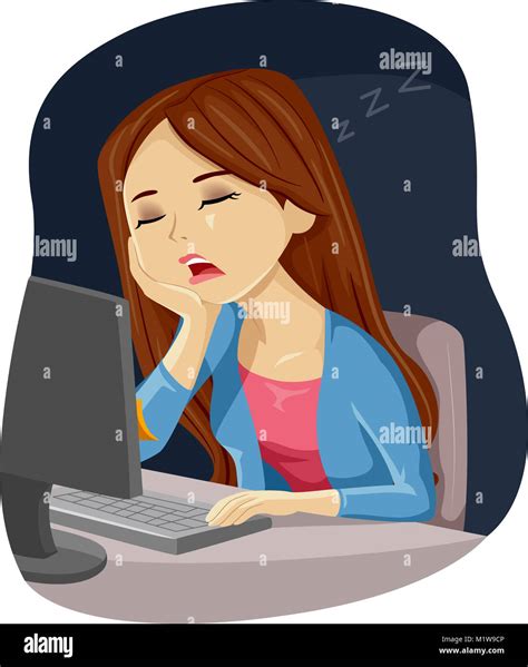 Illustration Featuring A Young Teenage Girl Dozing Off To Sleep While Using Her Computer Stock