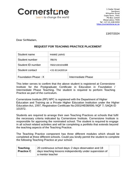 Addendum 2 Tp School Placement Request Letter Maike Laing Pdf