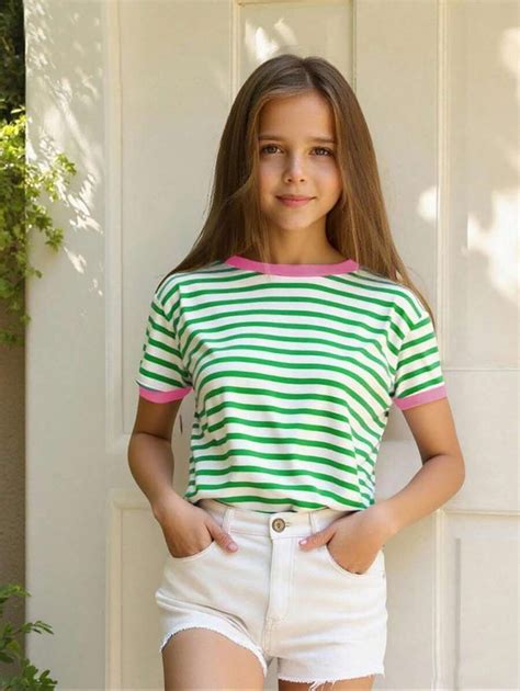 Sparklyn Tween Girls Striped Print Round Neck Short Sleeve Loose Green Casual Basic T Shirt