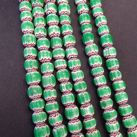 Vintage Venetian African Style Green Glass Chevron 10mm Beads Long