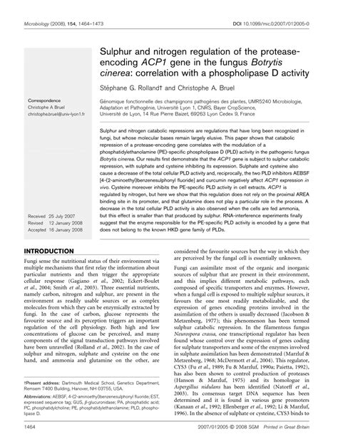 Pdf Sulphur And Nitrogen Regulation Of The Protease Encoding Acp1 Gene In The Fungus Botrytis