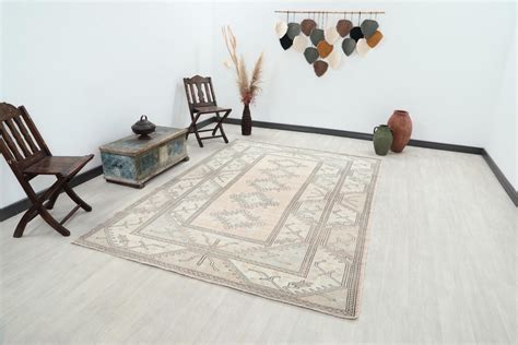 6x8 Beige Orange Vintage Rug 6x8 Turkish Rug Handmade Area Rug
