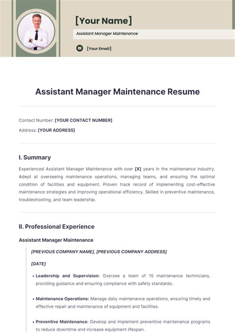 Free Assistant Manager Maintenance Resume Template To Edit Online