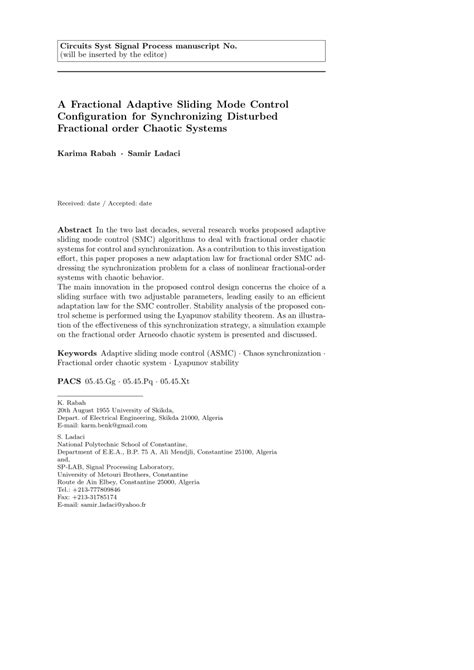 Pdf A Fractional Adaptive Sliding Mode Control Configuration For