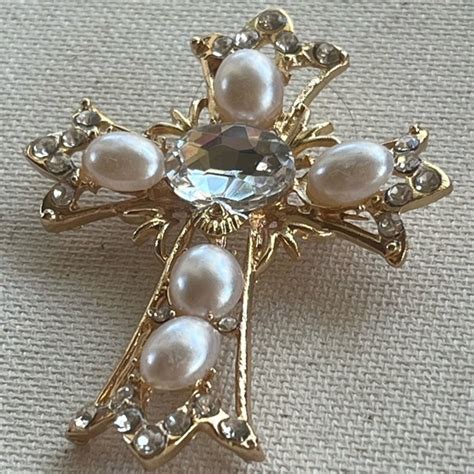 Jewelry Vintage Jeweled Cross Brooch Faux Pearls Rhinestones Poshmark