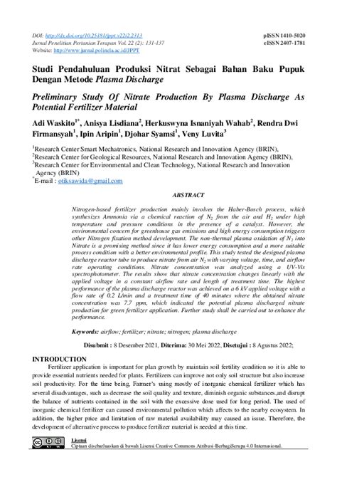 Pdf Preliminary Study Of Nitrate Production By Plasma Discharge As