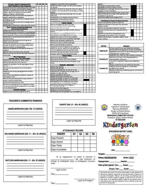 Masagana Es Kindergarten Progress Report Card With Black Pdf