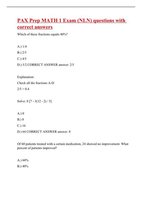 Pax Prep Math 1 Exam Nln Questions With Correct Answers Pax Prep