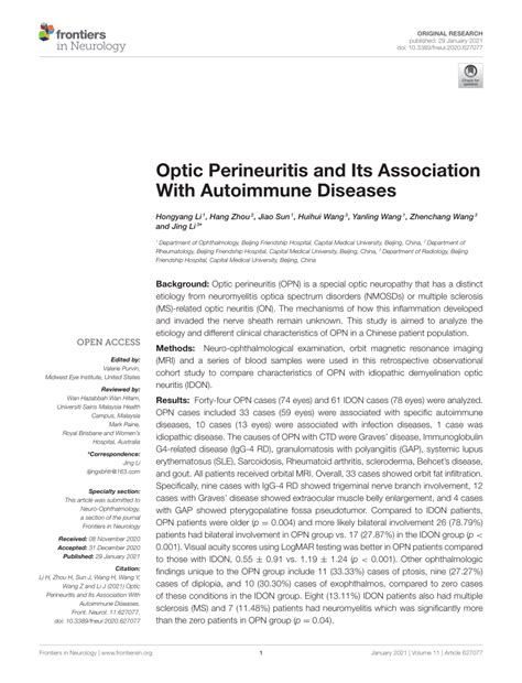 Pdf Optic Perineuritis And Its Association With Autoimmune Diseases