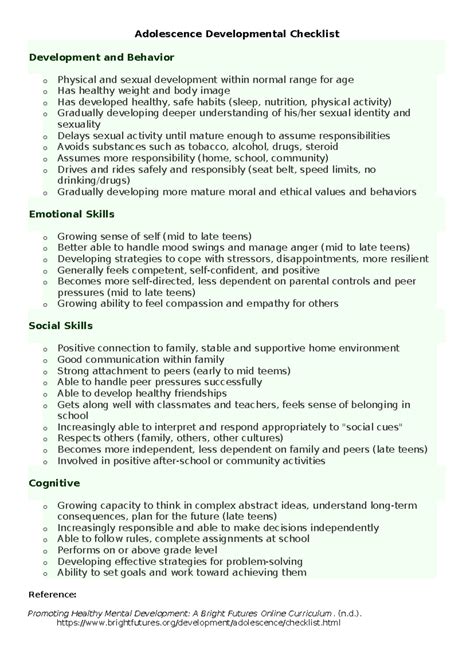 Adolescence Stage Developmental Checklist Adolescence Developmental
