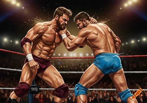 Illustration Of Two Muscular Wrestlers Grappling In A Ring During A